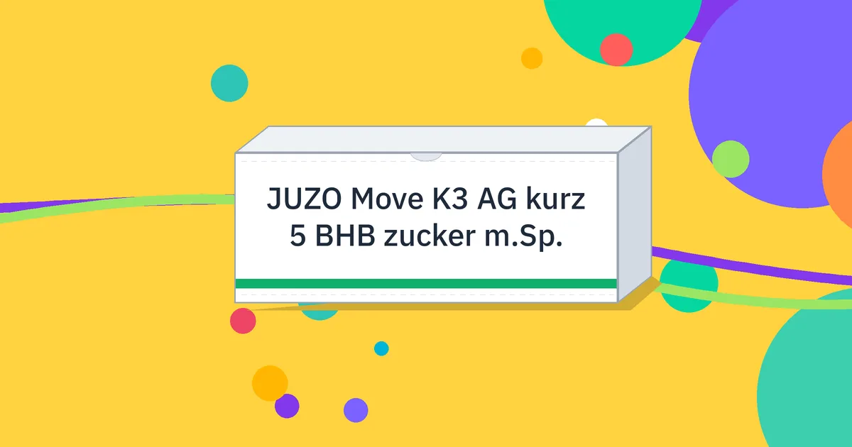 Symbolbild: Packung mit der Aufschrift JUZO Move K3 AG kurz 5 BHB zucker m.Sp. (PZN 18579532) – Verfügbarkeit und Bezug in Apotheken in Frankfurt am Main