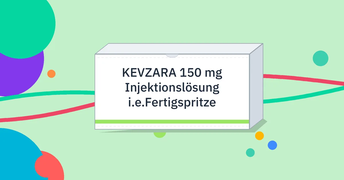 Symbolbild: Packung mit der Aufschrift KEVZARA 150 mg Injektionslösung i.e.Fertigspritze (PZN 12727233) – Verfügbarkeit und Bezug in Apotheken in Frankfurt am Main