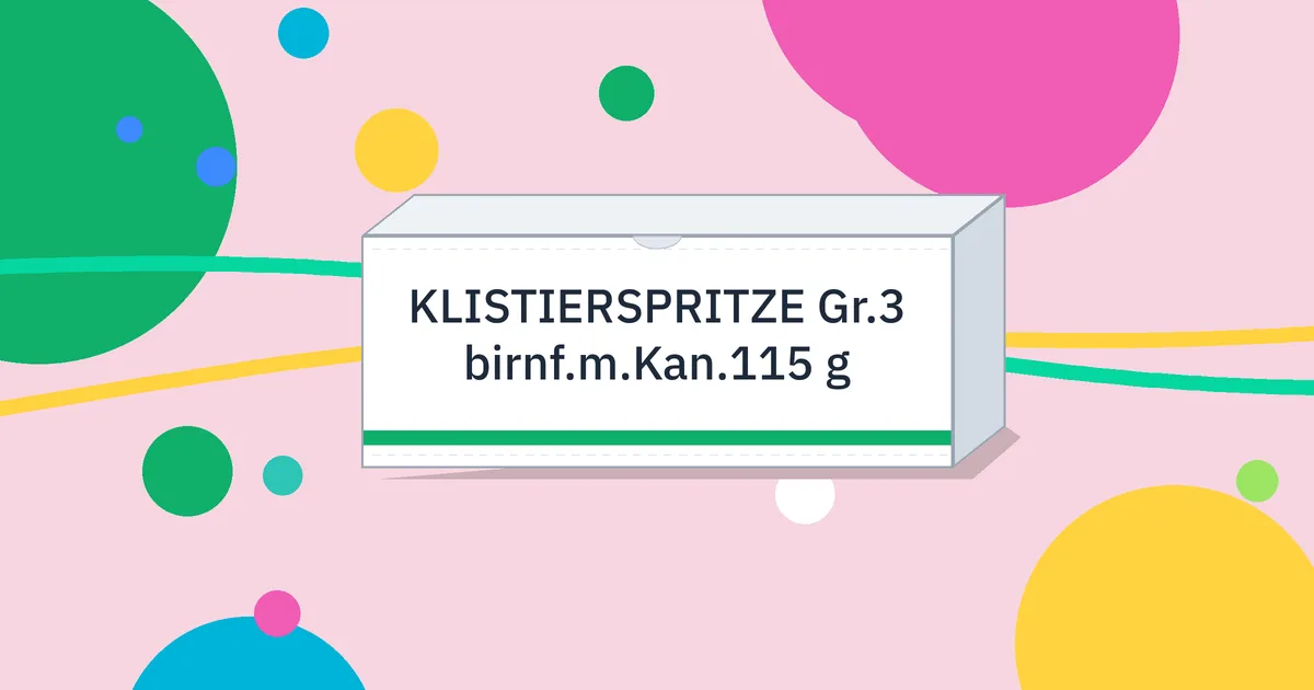 Symbolbild: Packung mit der Aufschrift KLISTIERSPRITZE Gr.3 birnf.m.Kan.115 g (PZN 03186471) – Verfügbarkeit und Bezug in Apotheken in Frankfurt am Main