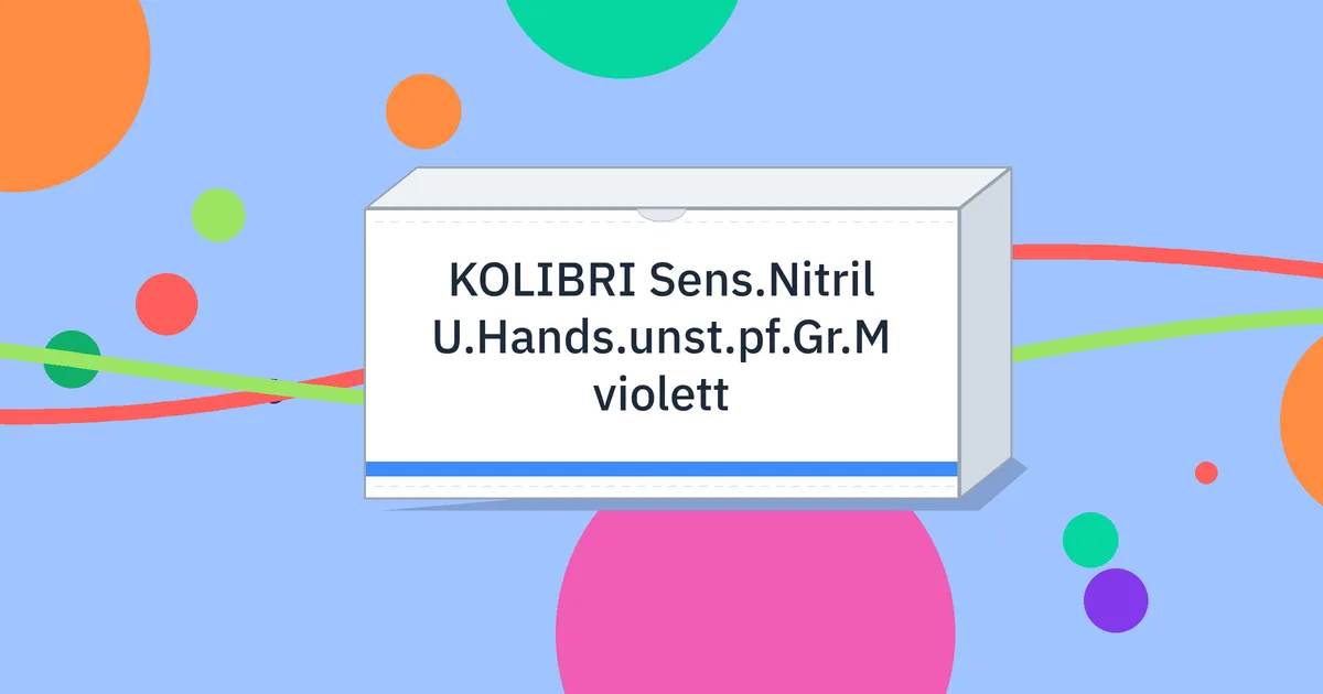 Symbolbild: Packung mit der Aufschrift KOLIBRI Sens.Nitril U.Hands.unst.pf.Gr.M violett (PZN 15564582) – Verfügbarkeit und Bezug in Apotheken in Frankfurt am Main