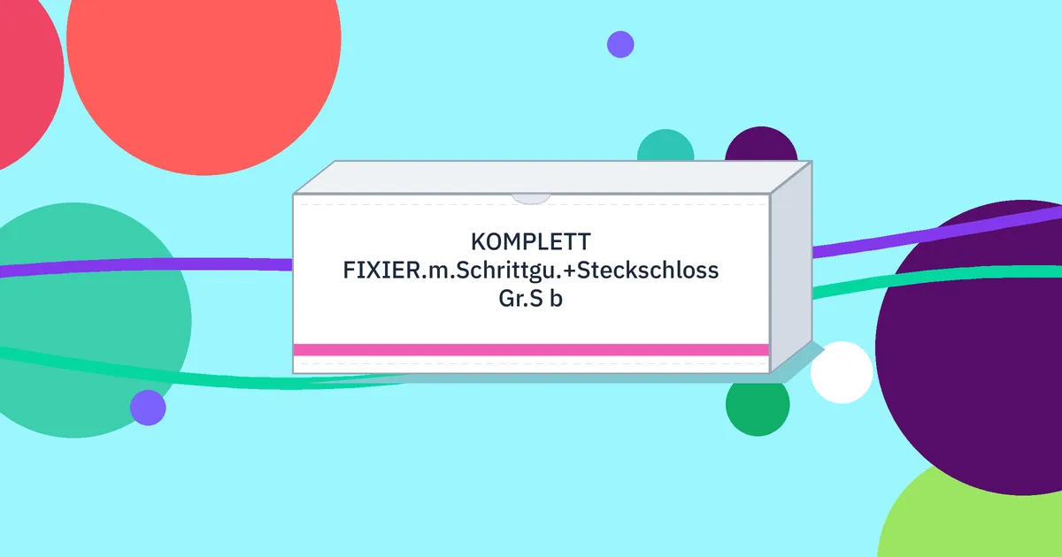 Symbolbild: Packung mit der Aufschrift KOMPLETT FIXIER.m.Schrittgu.+Steckschloss Gr.S b (PZN 11573414) – Verfügbarkeit und Bezug in Apotheken in Frankfurt am Main