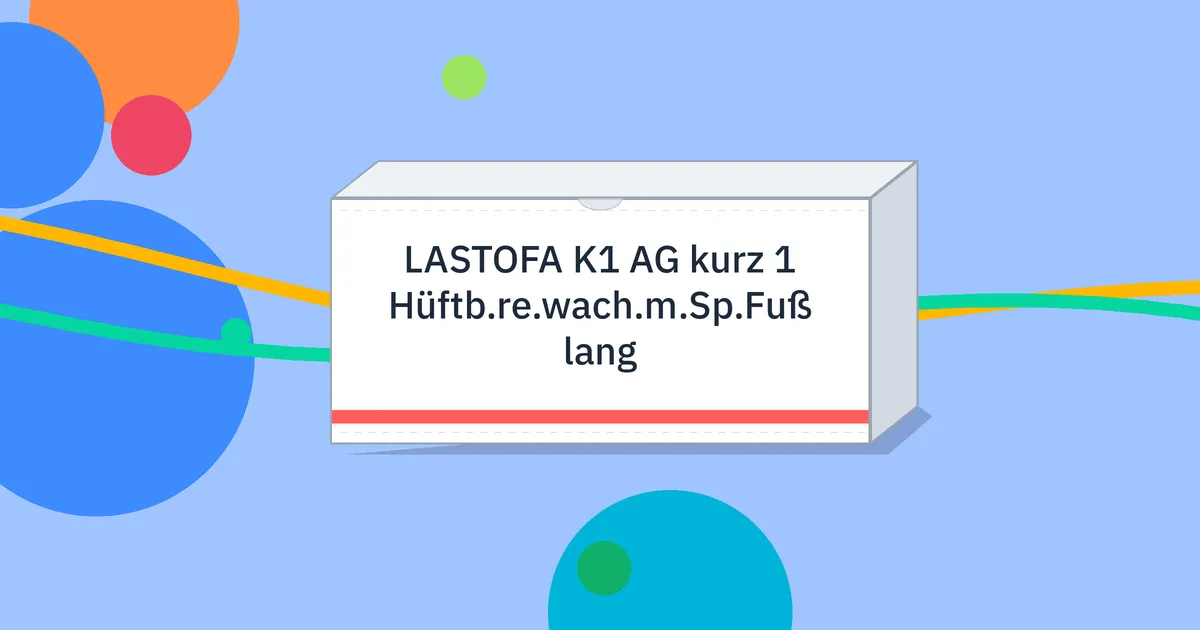 Symbolbild: Packung mit der Aufschrift LASTOFA K1 AG kurz 1 Hüftb.re.wach.m.Sp.Fuß lang (PZN 13797371) – Verfügbarkeit und Bezug in Apotheken in Frankfurt am Main