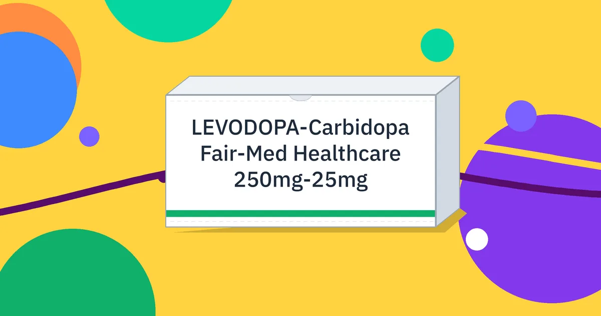 Symbolbild: Packung mit der Aufschrift LEVODOPA-Carbidopa Fair-Med Healthcare 250mg-25mg (PZN 14321570) – Verfügbarkeit und Bezug in Apotheken in Frankfurt am Main