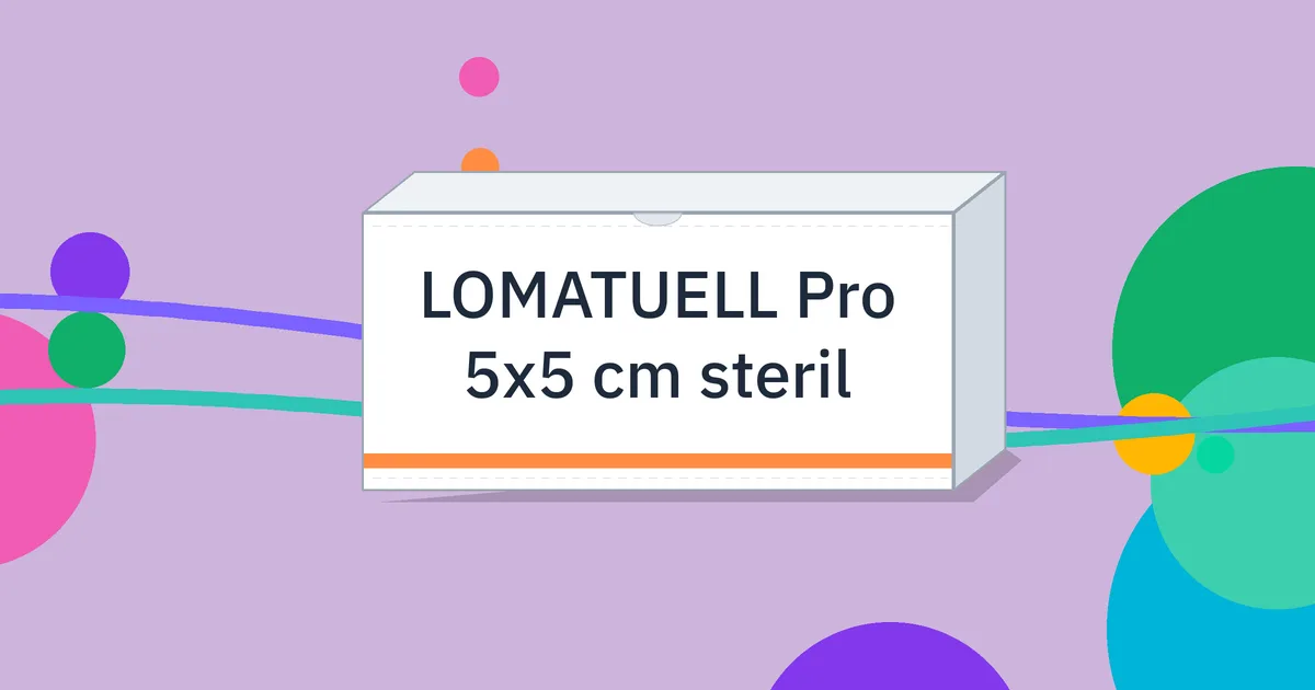 Symbolbild: Packung mit der Aufschrift LOMATUELL Pro 5x5 cm steril (PZN 17311299) – Verfügbarkeit und Bezug in Apotheken in Frankfurt am Main