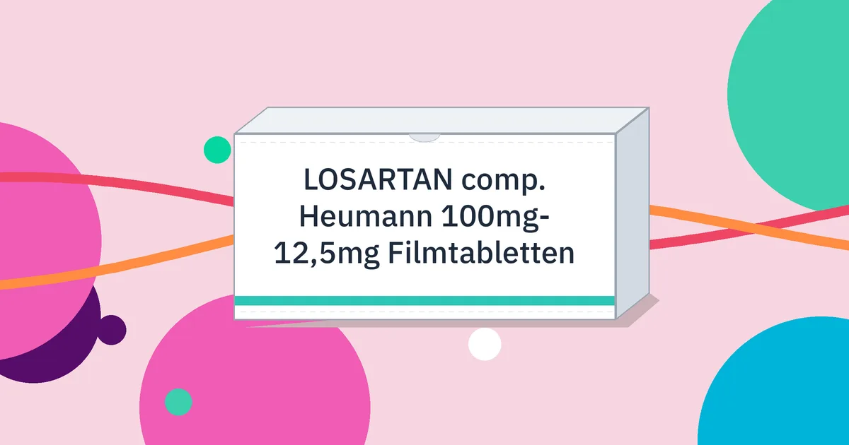 Symbolbild: Packung mit der Aufschrift LOSARTAN comp. Heumann 100mg-12,5mg Filmtabletten (PZN 06142043) – Verfügbarkeit und Bezug in Apotheken in Frankfurt am Main