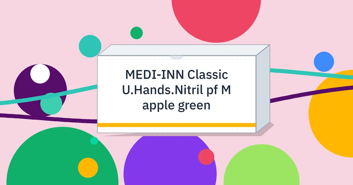 Symbolbild: Packung mit der Aufschrift MEDI-INN Classic U.Hands.Nitril pf M apple green (PZN 18445234) – Verfügbarkeit und Bezug in Apotheken in Frankfurt am Main