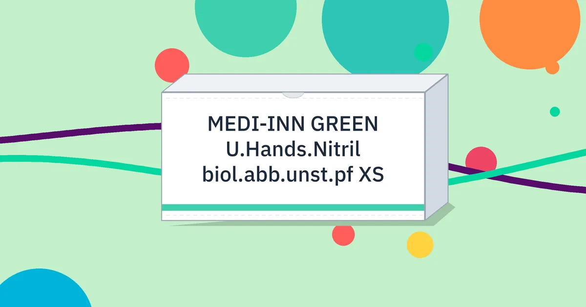 Symbolbild: Packung mit der Aufschrift MEDI-INN GREEN U.Hands.Nitril biol.abb.unst.pf XS (PZN 19626848) – Verfügbarkeit und Bezug in Apotheken in Frankfurt am Main
