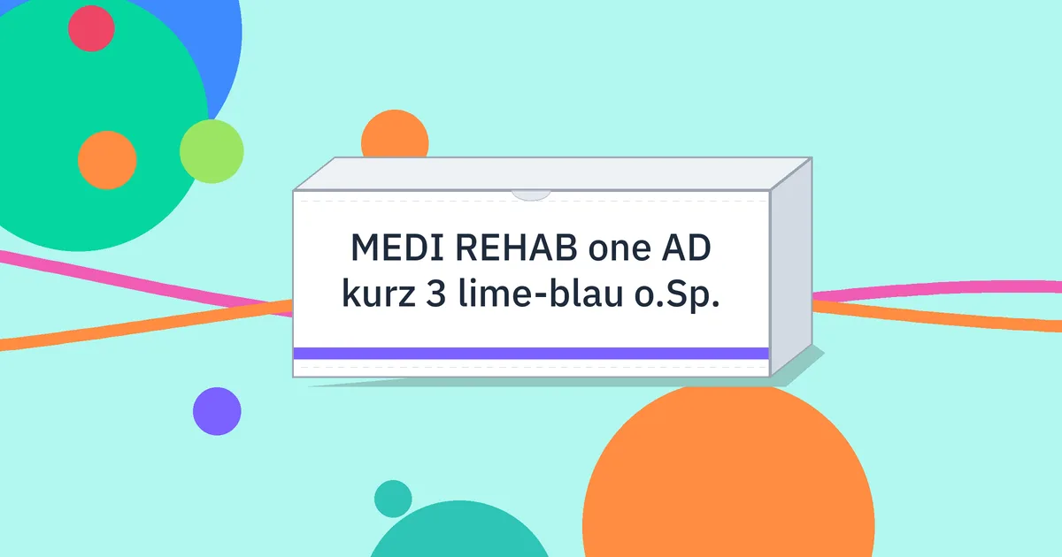 Symbolbild: Packung mit der Aufschrift MEDI REHAB one AD kurz 3 lime-blau o.Sp. (PZN 18898177) – Verfügbarkeit und Bezug in Apotheken in Frankfurt am Main