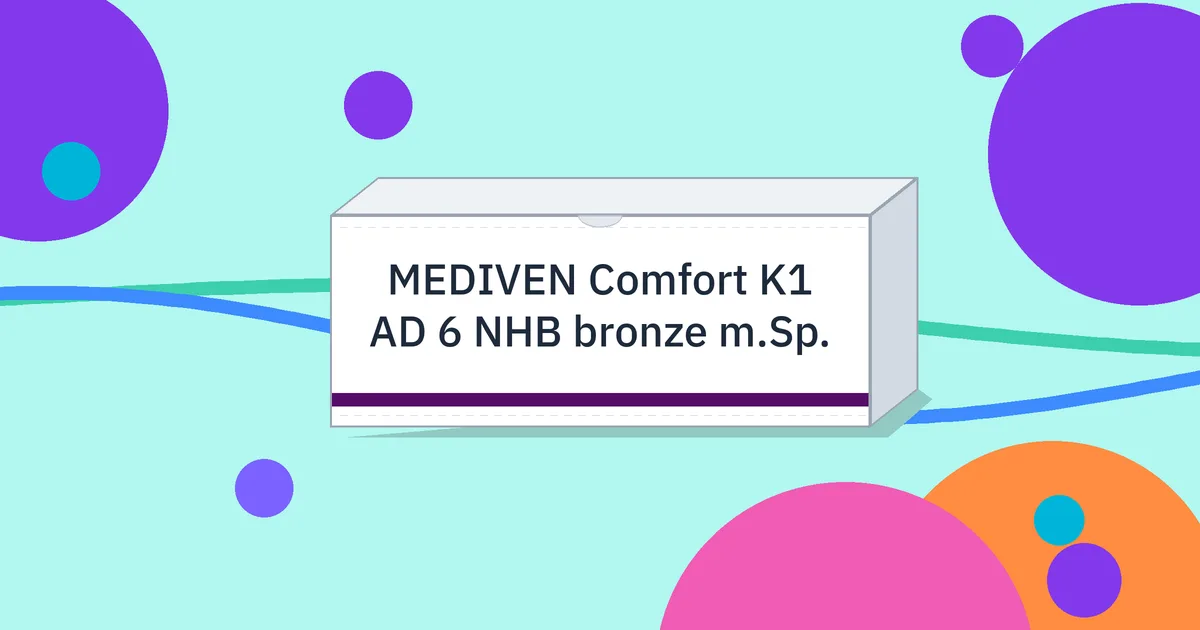 Symbolbild: Packung mit der Aufschrift MEDIVEN Comfort K1 AD 6 NHB bronze m.Sp. (PZN 14560493) – Verfügbarkeit und Bezug in Apotheken in Frankfurt am Main