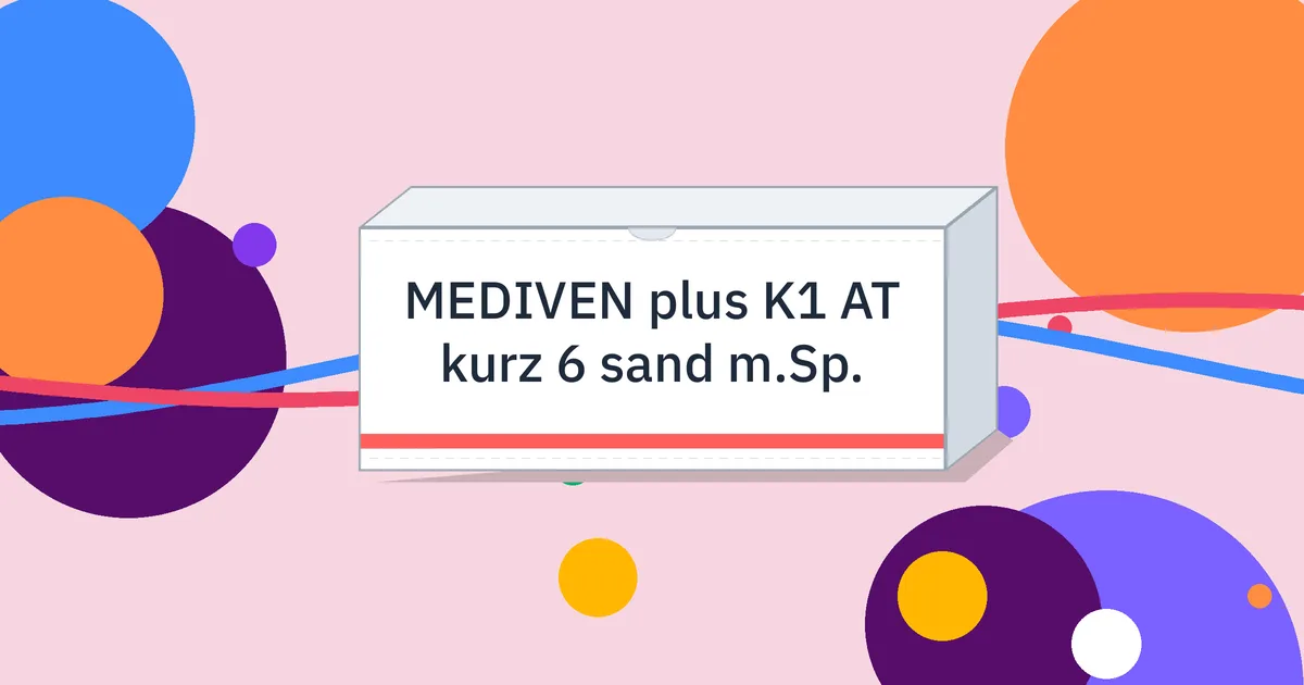 Symbolbild: Packung mit der Aufschrift MEDIVEN plus K1 AT kurz 6 sand m.Sp. (PZN 18932141) – Verfügbarkeit und Bezug in Apotheken in Frankfurt am Main