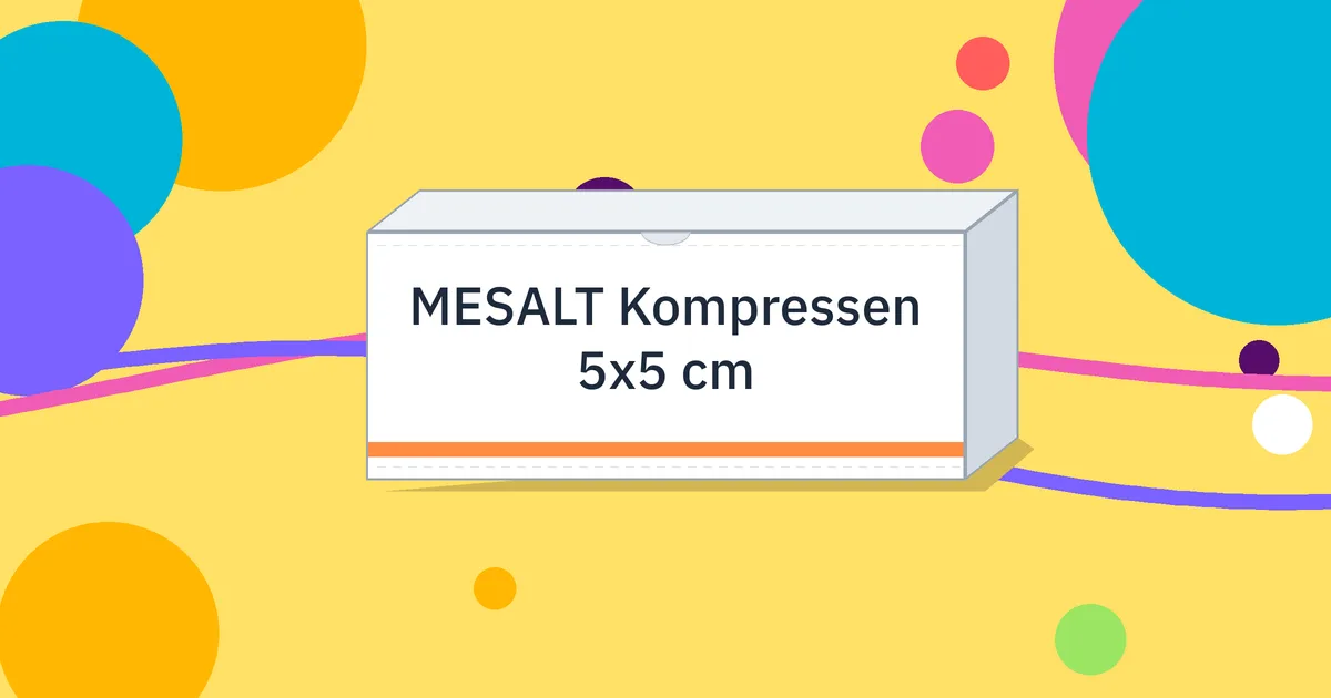 Symbolbild: Packung mit der Aufschrift MESALT Kompressen 5x5 cm (PZN 10264579) – Verfügbarkeit und Bezug in Apotheken in Frankfurt am Main