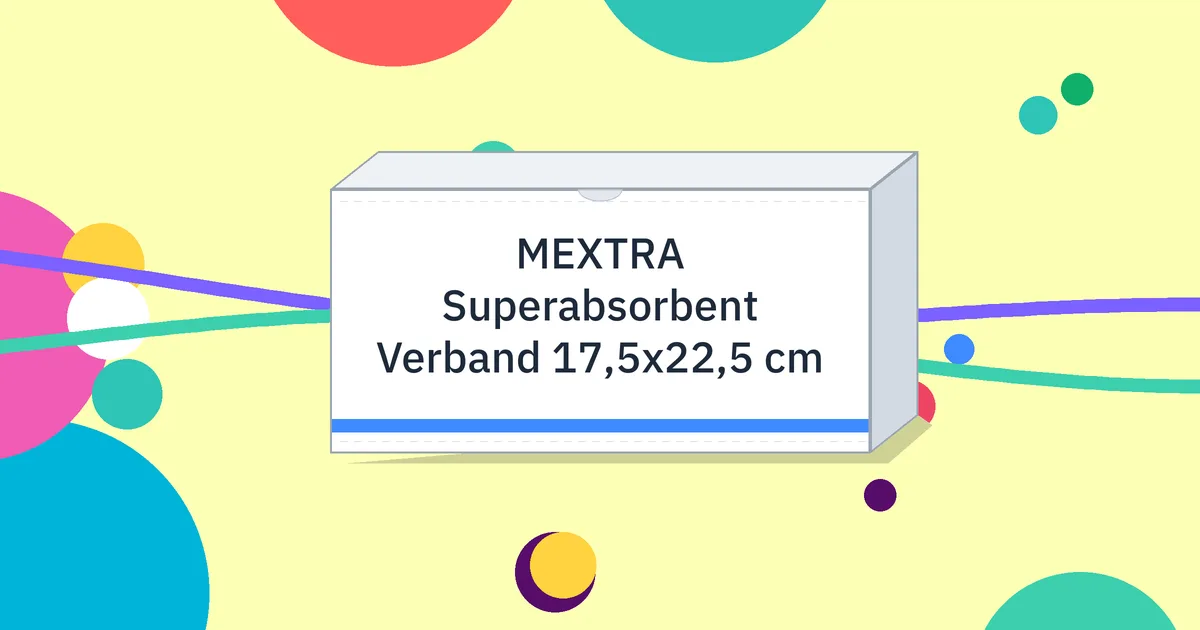 Symbolbild: Packung mit der Aufschrift MEXTRA Superabsorbent Verband 17,5x22,5 cm (PZN 12513124) – Verfügbarkeit und Bezug in Apotheken in Frankfurt am Main