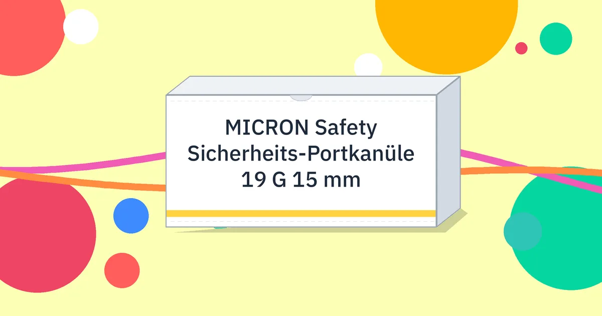 Symbolbild: Packung mit der Aufschrift MICRON Safety Sicherheits-Portkanüle 19 G 15 mm (PZN 19146203) – Verfügbarkeit und Bezug in Apotheken in Frankfurt am Main