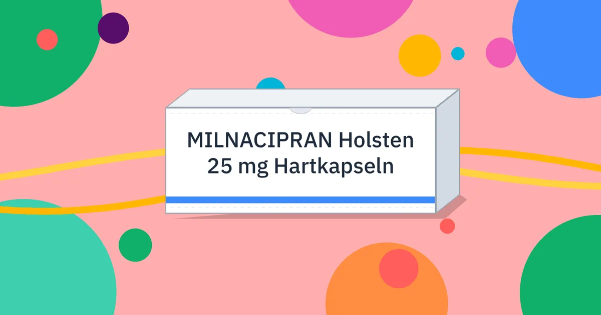 Symbolbild: Packung mit der Aufschrift MILNACIPRAN Holsten 25 mg Hartkapseln (PZN 19216062) – Verfügbarkeit und Bezug in Apotheken in Frankfurt am Main