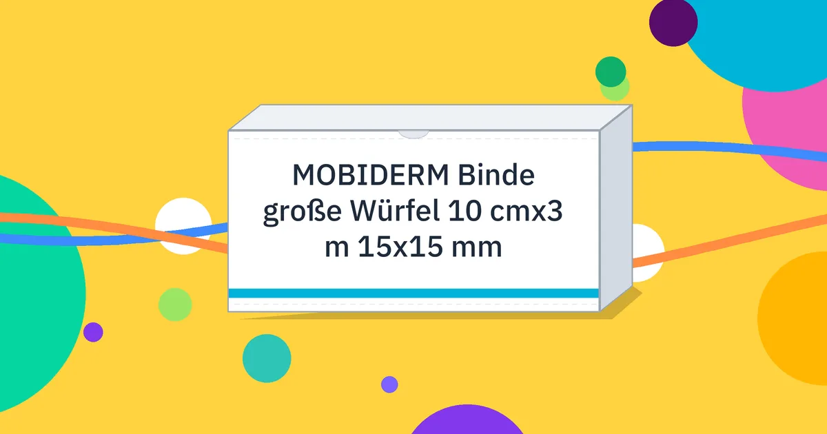 Symbolbild: Packung mit der Aufschrift MOBIDERM Binde große Würfel 10 cmx3 m 15x15 mm (PZN 11862621) – Verfügbarkeit und Bezug in Apotheken in Frankfurt am Main