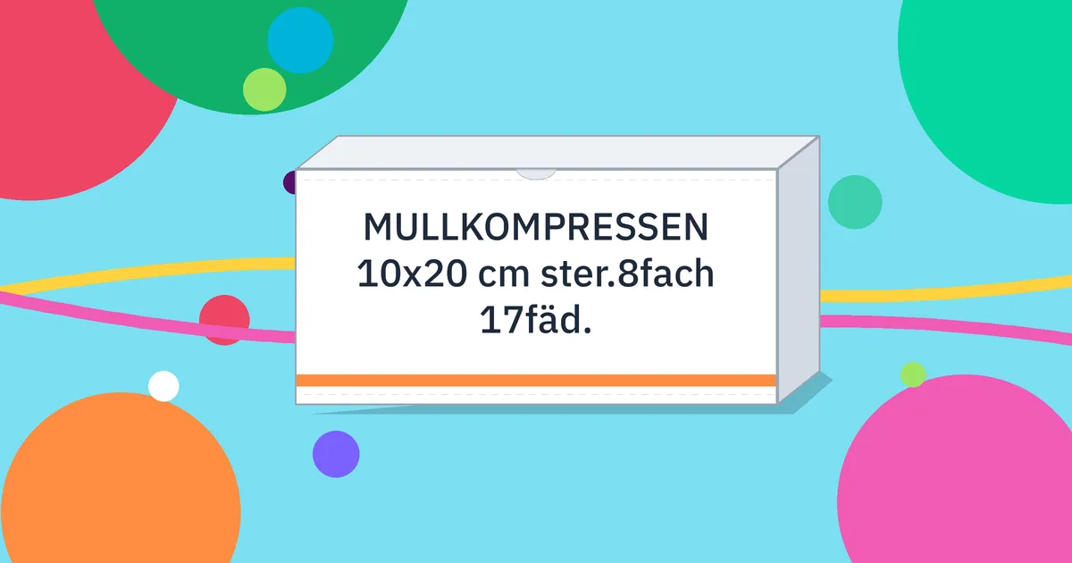 Symbolbild: Packung mit der Aufschrift MULLKOMPRESSEN 10x20 cm ster.8fach 17fäd. (PZN 06929731) – Verfügbarkeit und Bezug in Apotheken in Frankfurt am Main