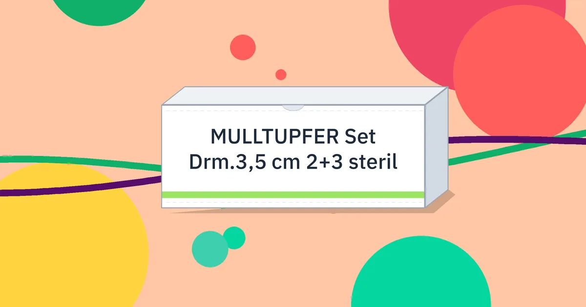 Symbolbild: Packung mit der Aufschrift MULLTUPFER Set Drm.3,5 cm 2+3 steril (PZN 06424267) – Verfügbarkeit und Bezug in Apotheken in Frankfurt am Main