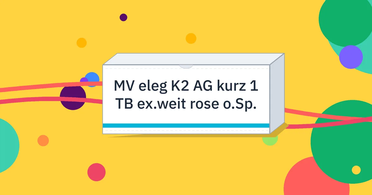 Symbolbild: Packung mit der Aufschrift MV eleg K2 AG kurz 1 TB ex.weit rose o.Sp. (PZN 14697594) – Verfügbarkeit und Bezug in Apotheken in Frankfurt am Main