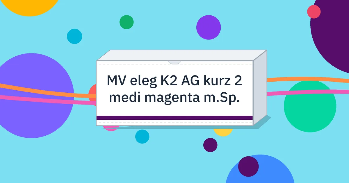 Symbolbild: Packung mit der Aufschrift MV eleg K2 AG kurz 2 medi magenta m.Sp. (PZN 14637847) – Verfügbarkeit und Bezug in Apotheken in Frankfurt am Main