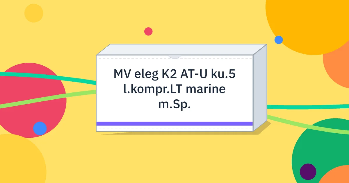 Symbolbild: Packung mit der Aufschrift MV eleg K2 AT-U ku.5 l.kompr.LT marine m.Sp. (PZN 14597289) – Verfügbarkeit und Bezug in Apotheken in Frankfurt am Main