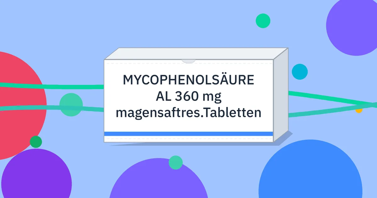 Symbolbild: Packung mit der Aufschrift MYCOPHENOLSÄURE AL 360 mg magensaftres.Tabletten (PZN 16528594) – Verfügbarkeit und Bezug in Apotheken in Frankfurt am Main