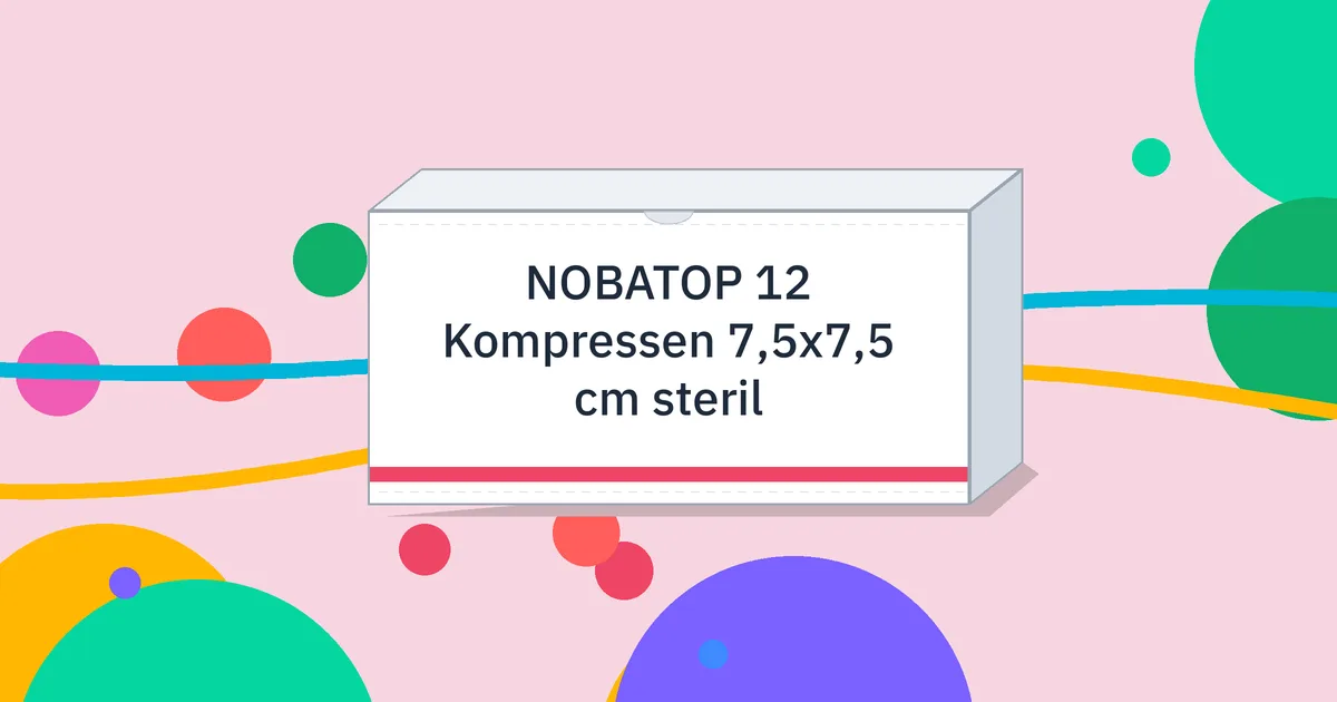 Symbolbild: Packung mit der Aufschrift NOBATOP 12 Kompressen 7,5x7,5 cm steril (PZN 07385701) – Verfügbarkeit und Bezug in Apotheken in Frankfurt am Main