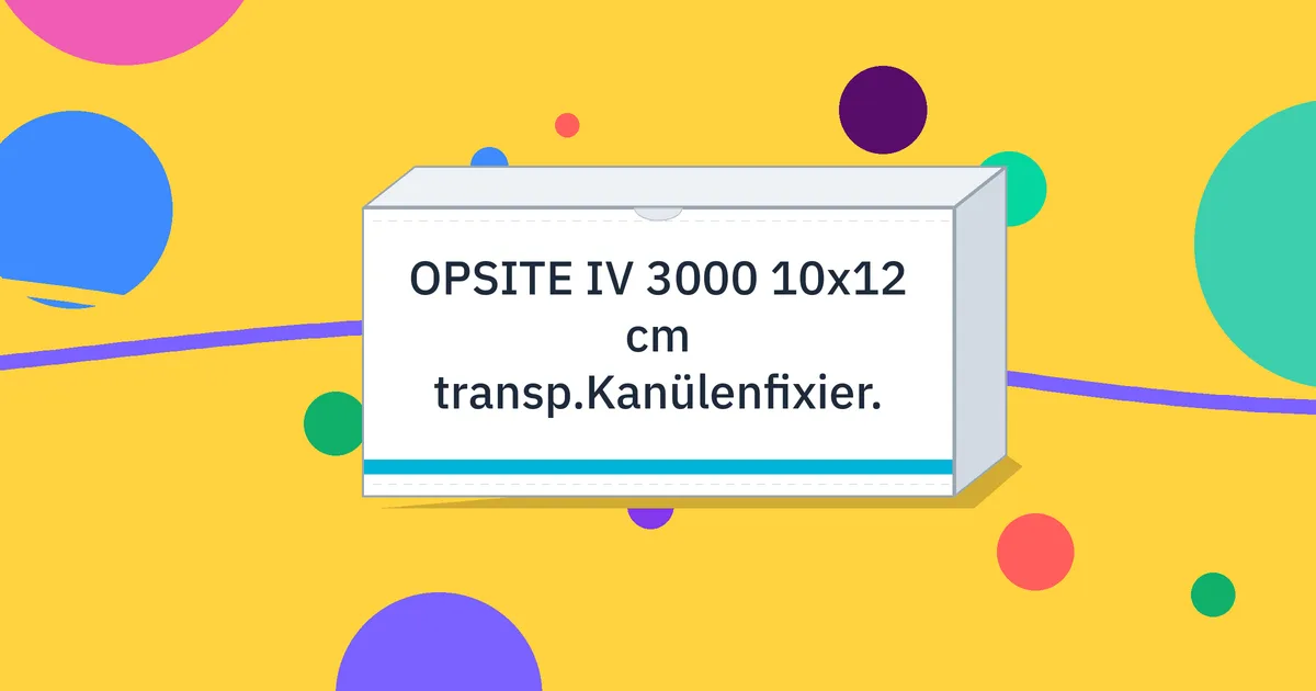 Symbolbild: Packung mit der Aufschrift OPSITE IV 3000 10x12 cm transp.Kanülenfixier. (PZN 19769022) – Verfügbarkeit und Bezug in Apotheken in Frankfurt am Main