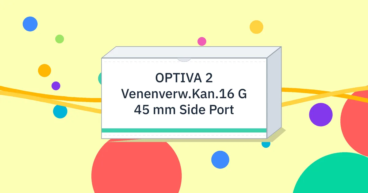 Symbolbild: Packung mit der Aufschrift OPTIVA 2 Venenverw.Kan.16 G 45 mm Side Port (PZN 00905994) – Verfügbarkeit und Bezug in Apotheken in Frankfurt am Main