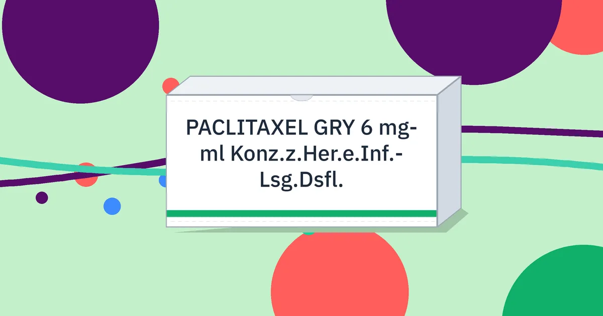 Symbolbild: Packung mit der Aufschrift PACLITAXEL GRY 6 mg-ml Konz.z.Her.e.Inf.-Lsg.Dsfl. (PZN 11551387) – Verfügbarkeit und Bezug in Apotheken in Frankfurt am Main