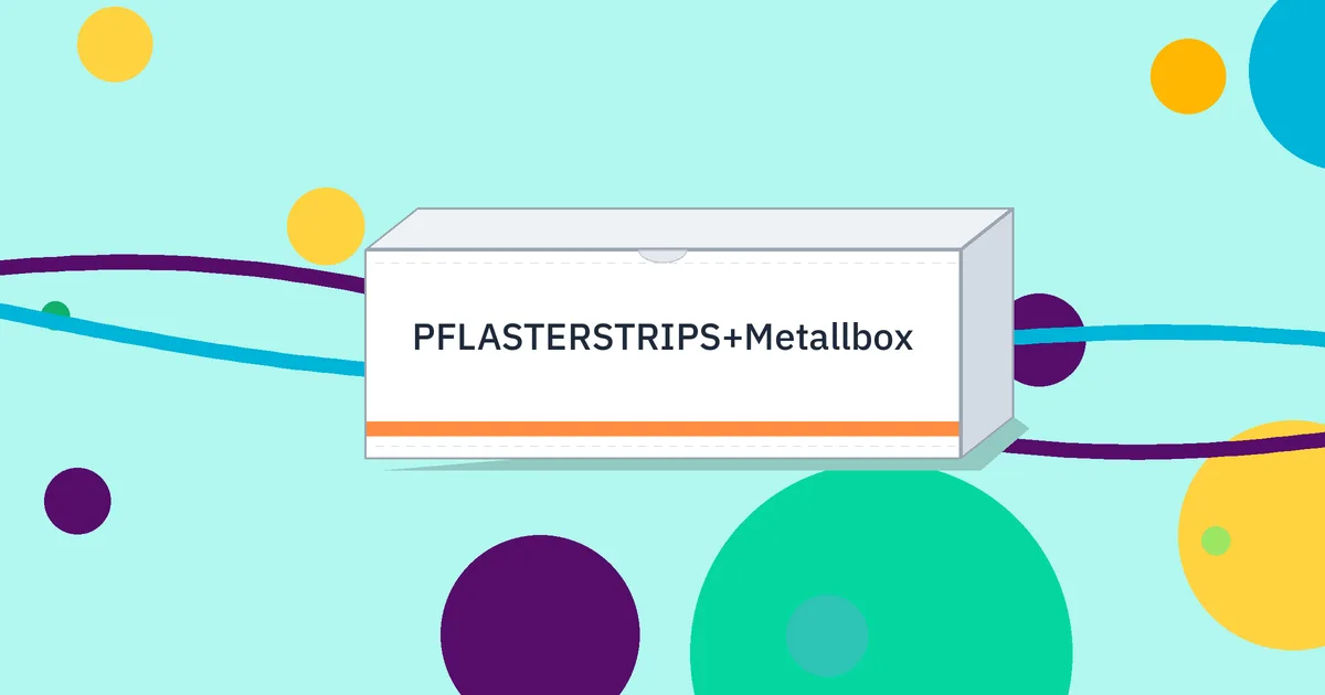 Symbolbild: Packung mit der Aufschrift PFLASTERSTRIPS+Metallbox (PZN 15249797) – Verfügbarkeit und Bezug in Apotheken in Frankfurt am Main