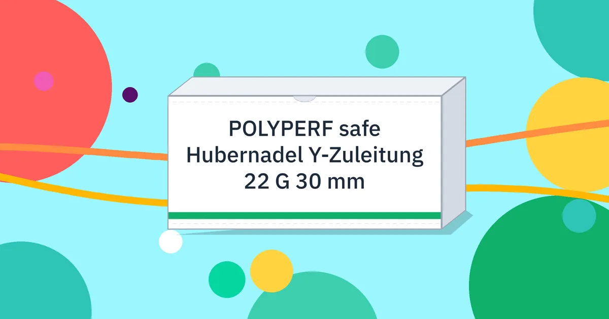 Symbolbild: Packung mit der Aufschrift POLYPERF safe Hubernadel Y-Zuleitung 22 G 30 mm (PZN 18114106) – Verfügbarkeit und Bezug in Apotheken in Frankfurt am Main