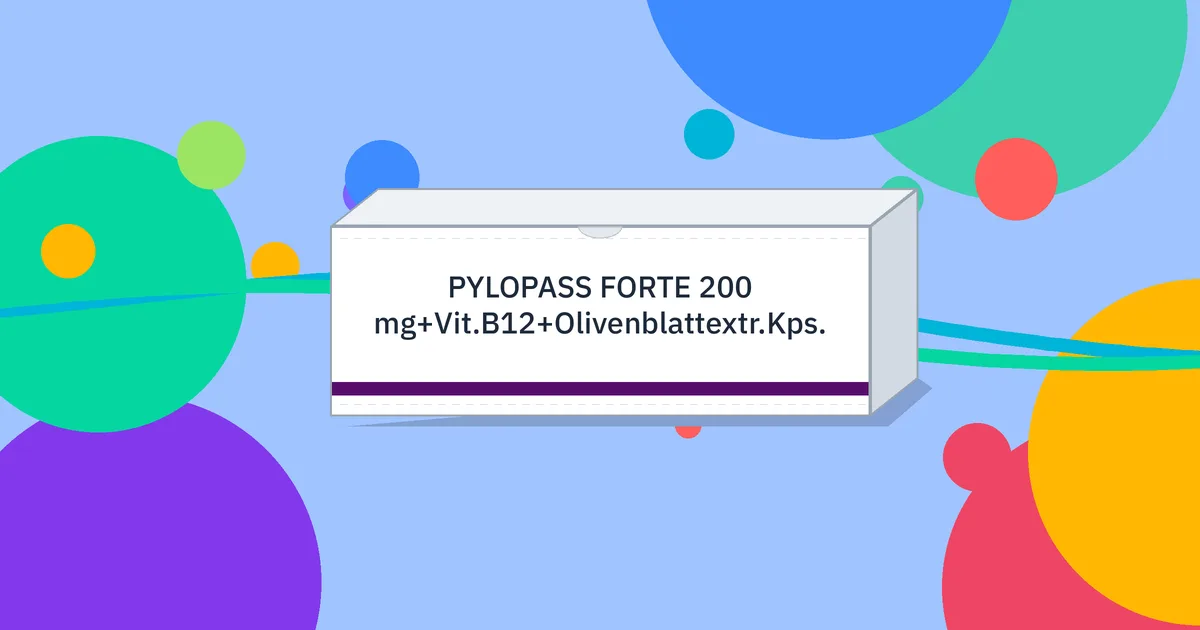 Symbolbild: Packung mit der Aufschrift PYLOPASS FORTE 200 mg+Vit.B12+Olivenblattextr.Kps. (PZN 17209201) – Verfügbarkeit und Bezug in Apotheken in Frankfurt am Main