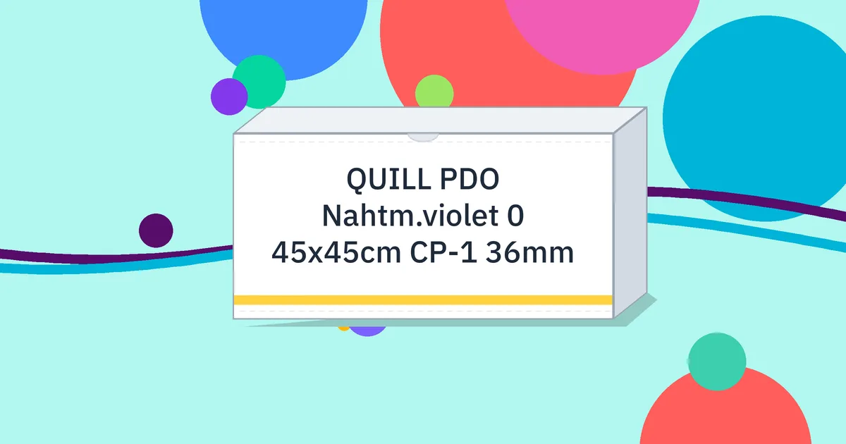 Symbolbild: Packung mit der Aufschrift QUILL PDO Nahtm.violet 0 45x45cm CP-1 36mm (PZN 17989966) – Verfügbarkeit und Bezug in Apotheken in Frankfurt am Main