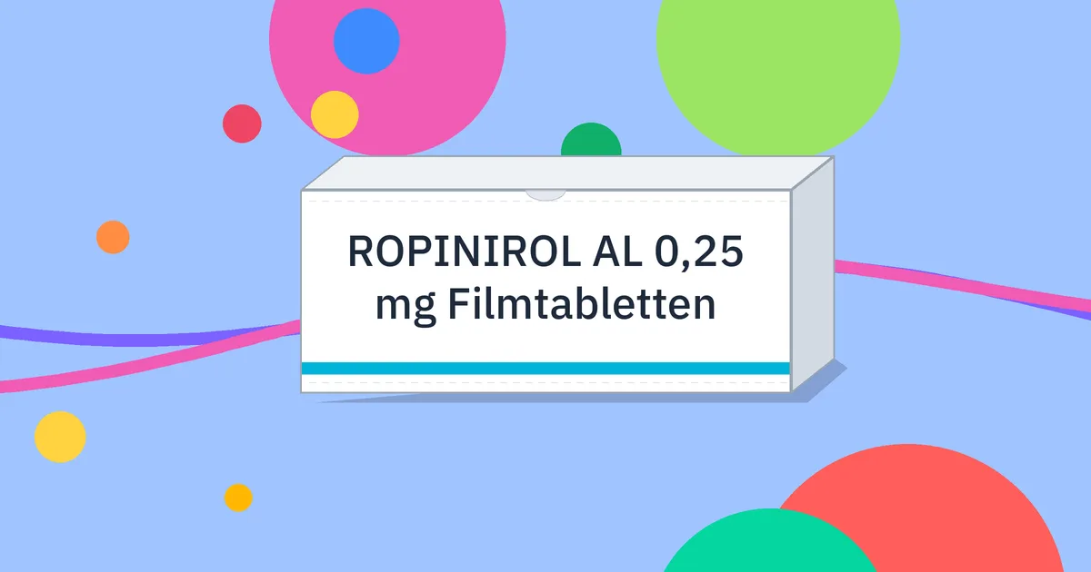 Symbolbild: Packung mit der Aufschrift ROPINIROL AL 0,25 mg Filmtabletten (PZN 09424380) – Verfügbarkeit und Bezug in Apotheken in Frankfurt am Main