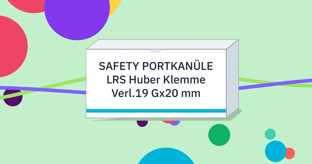 Symbolbild: Packung mit der Aufschrift SAFETY PORTKANÜLE LRS Huber Klemme Verl.19 Gx20 mm (PZN 16661873) – Verfügbarkeit und Bezug in Apotheken in Frankfurt am Main
