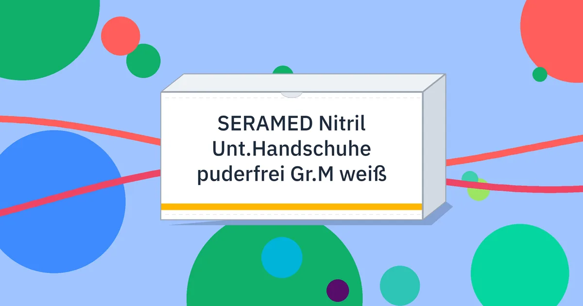 Symbolbild: Packung mit der Aufschrift SERAMED Nitril Unt.Handschuhe puderfrei Gr.M weiß (PZN 18061290) – Verfügbarkeit und Bezug in Apotheken in Frankfurt am Main
