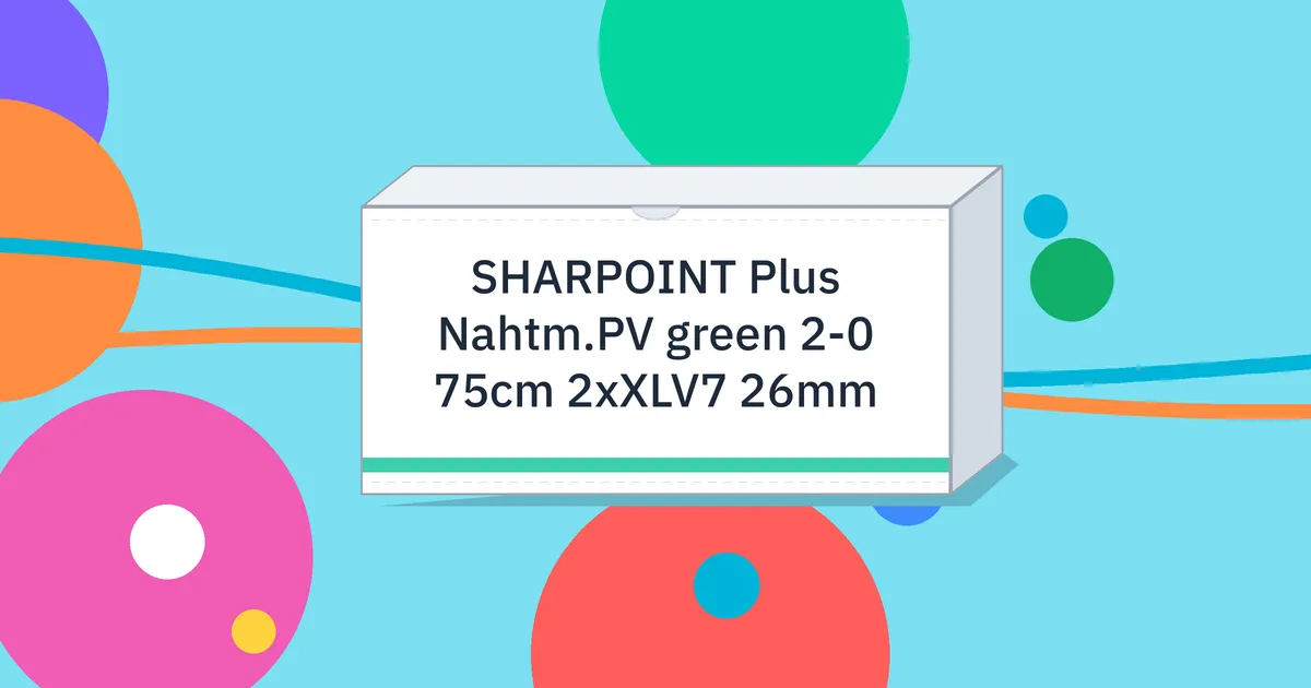 Symbolbild: Packung mit der Aufschrift SHARPOINT Plus Nahtm.PV green 2-0 75cm 2xXLV7 26mm (PZN 17996498) – Verfügbarkeit und Bezug in Apotheken in Frankfurt am Main