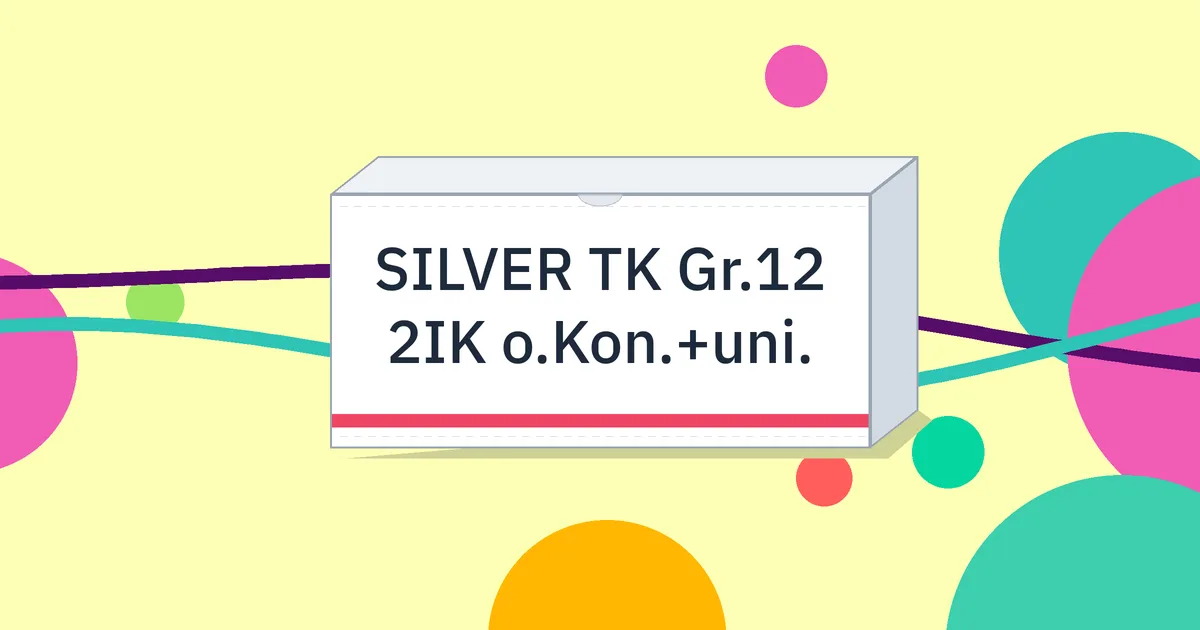 Symbolbild: Packung mit der Aufschrift SILVER TK Gr.12 2IK o.Kon.+uni. (PZN 10209882) – Verfügbarkeit und Bezug in Apotheken in Frankfurt am Main