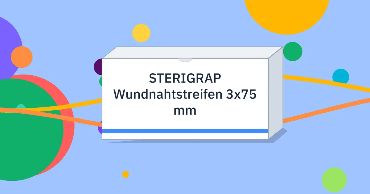 Symbolbild: Packung mit der Aufschrift STERIGRAP Wundnahtstreifen 3x75 mm (PZN 17413054) – Verfügbarkeit und Bezug in Apotheken in Frankfurt am Main