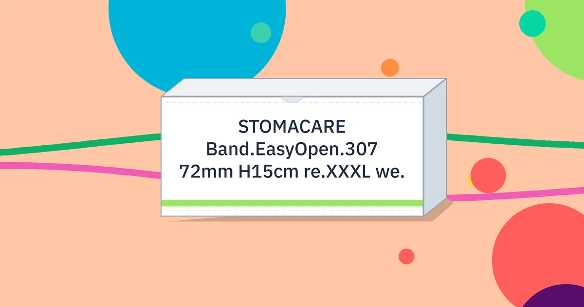 Symbolbild: Packung mit der Aufschrift STOMACARE Band.EasyOpen.307 72mm H15cm re.XXXL we. (PZN 07665487) – Verfügbarkeit und Bezug in Apotheken in Frankfurt am Main