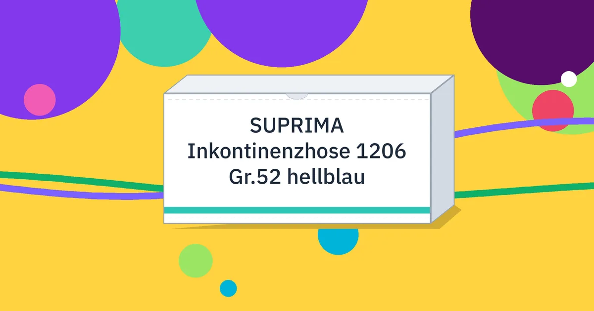 Symbolbild: Packung mit der Aufschrift SUPRIMA Inkontinenzhose 1206 Gr.52 hellblau (PZN 03021882) – Verfügbarkeit und Bezug in Apotheken in Frankfurt am Main