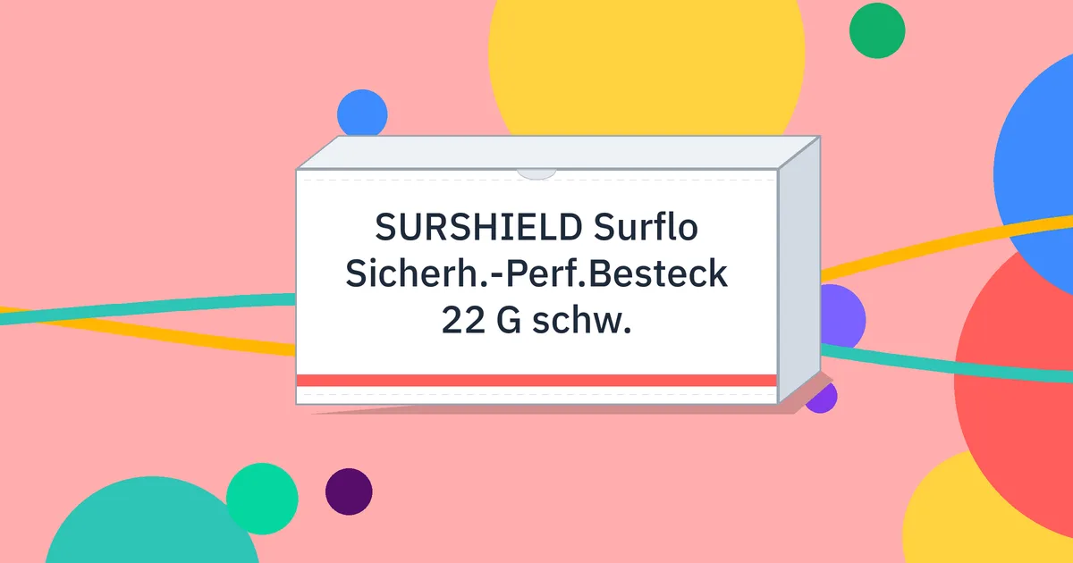 Symbolbild: Packung mit der Aufschrift SURSHIELD Surflo Sicherh.-Perf.Besteck 22 G schw. (PZN 03043665) – Verfügbarkeit und Bezug in Apotheken in Frankfurt am Main