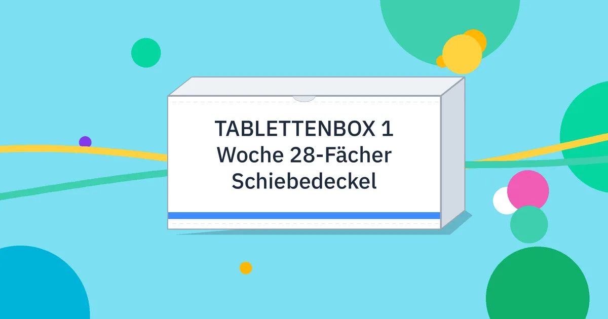 Symbolbild: Packung mit der Aufschrift TABLETTENBOX 1 Woche 28-Fächer Schiebedeckel (PZN 06566553) – Verfügbarkeit und Bezug in Apotheken in Frankfurt am Main