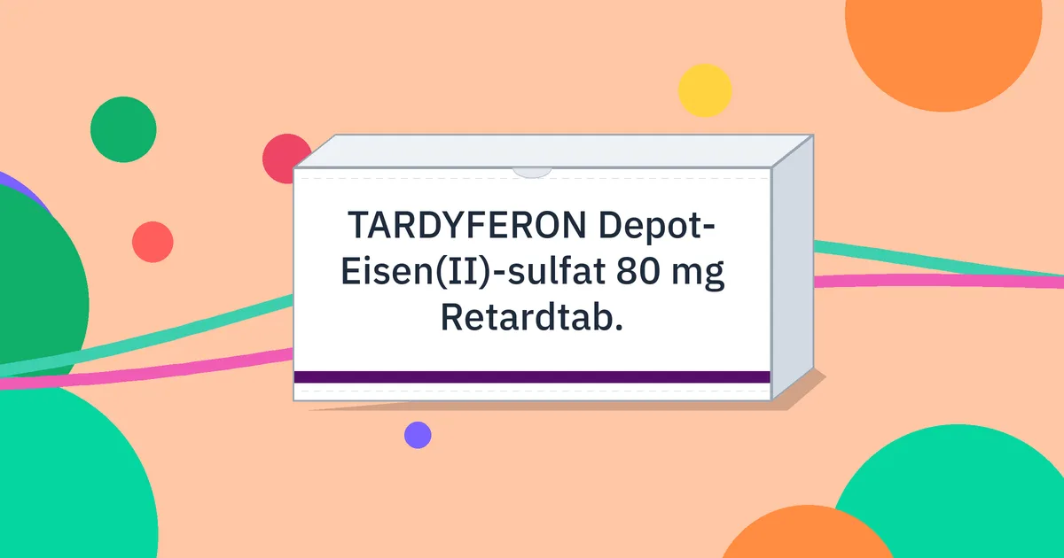 Symbolbild: Packung mit der Aufschrift TARDYFERON Depot-Eisen(II)-sulfat 80 mg Retardtab. (PZN 02494029) – Verfügbarkeit und Bezug in Apotheken in Frankfurt am Main
