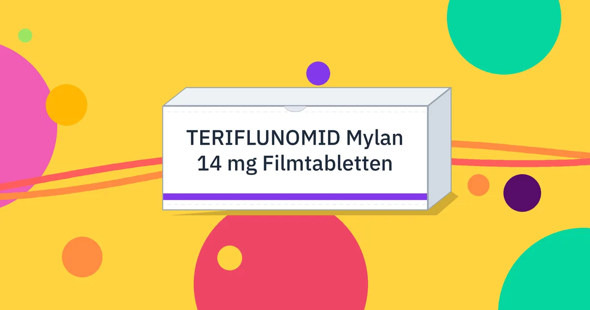 Symbolbild: Packung mit der Aufschrift TERIFLUNOMID Mylan 14 mg Filmtabletten (PZN 19487387) – Verfügbarkeit und Bezug in Apotheken in Frankfurt am Main
