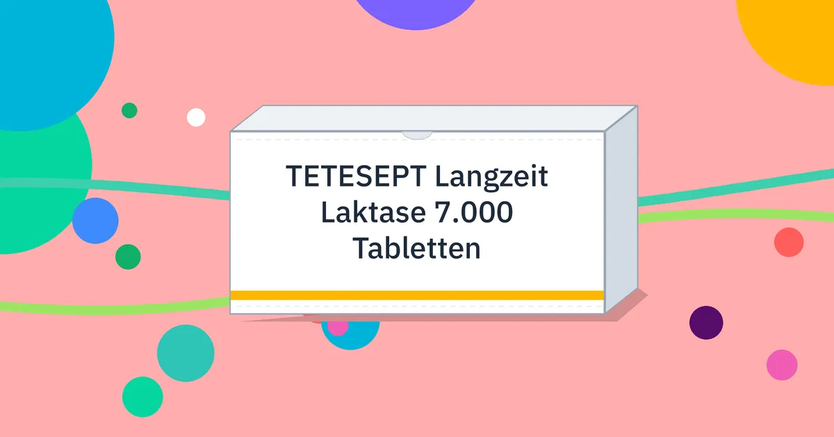 Symbolbild: Packung mit der Aufschrift TETESEPT Langzeit Laktase 7.000 Tabletten (PZN 14054442) – Verfügbarkeit und Bezug in Apotheken in Frankfurt am Main