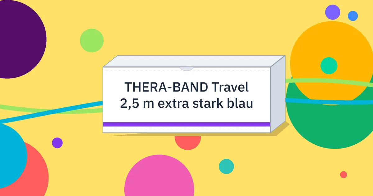 Symbolbild: Packung mit der Aufschrift THERA-BAND Travel 2,5 m extra stark blau (PZN 00224277) – Verfügbarkeit und Bezug in Apotheken in Frankfurt am Main