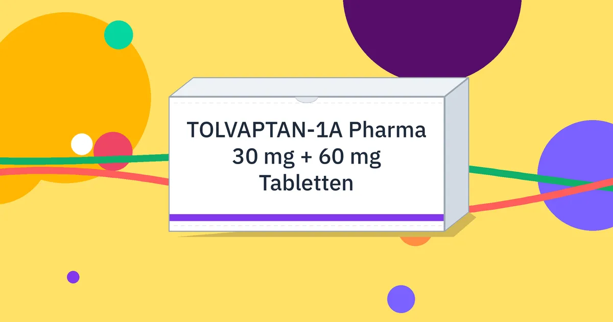 Symbolbild: Packung mit der Aufschrift TOLVAPTAN-1A Pharma 30 mg + 60 mg Tabletten (PZN 19100922) – Verfügbarkeit und Bezug in Apotheken in Frankfurt am Main