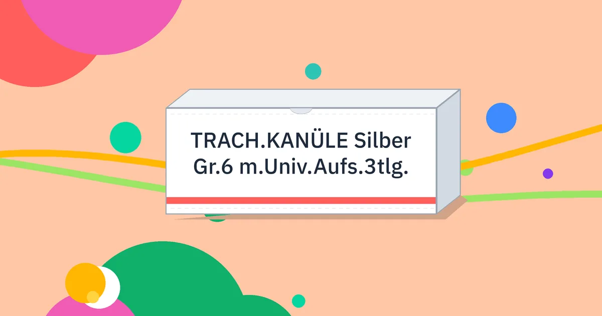 Symbolbild: Packung mit der Aufschrift TRACH.KANÜLE Silber Gr.6 m.Univ.Aufs.3tlg. (PZN 06989408) – Verfügbarkeit und Bezug in Apotheken in Frankfurt am Main