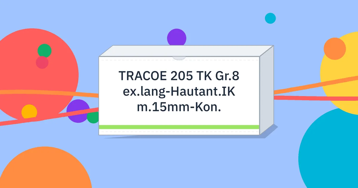 Symbolbild: Packung mit der Aufschrift TRACOE 205 TK Gr.8 ex.lang-Hautant.IK m.15mm-Kon. (PZN 02719959) – Verfügbarkeit und Bezug in Apotheken in Frankfurt am Main